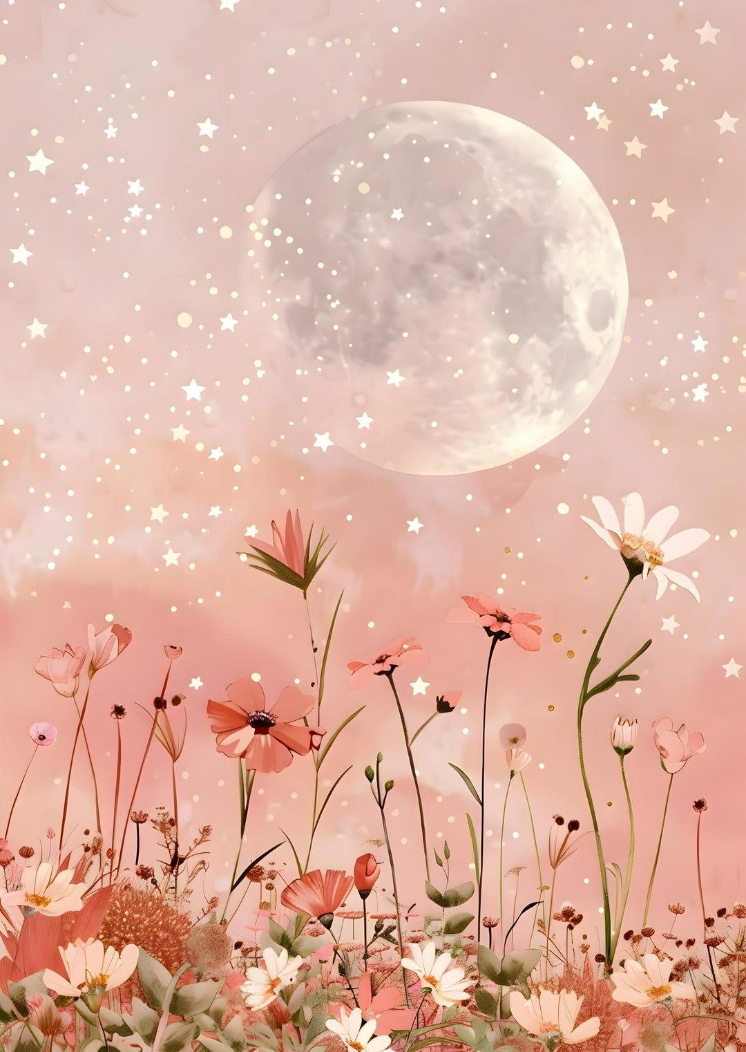 Decoupage Rice Paper Full Moon Celestial Night Pink Sky Wildflower ...
