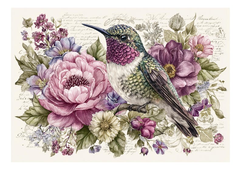 Hummingbird Rice Paper for Decoupage: Blush Peonies, Vintage Script (A4 ...