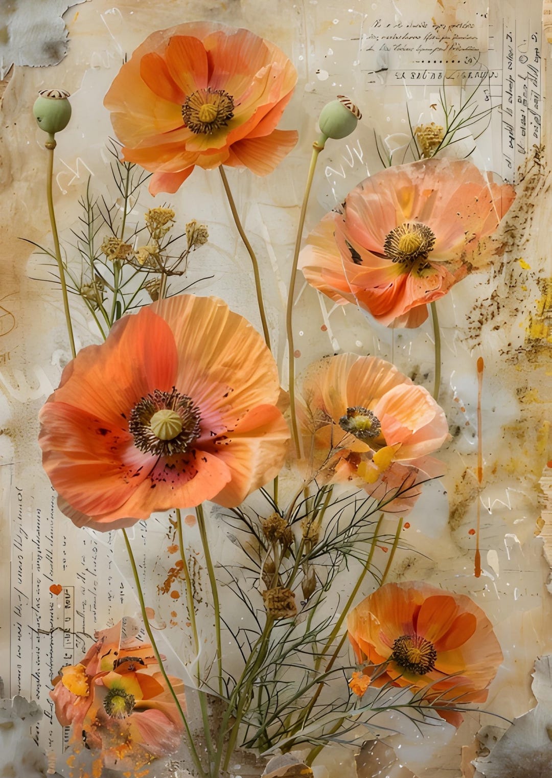 Poppy Rice Paper: Vintage Botanical Collage for Decoupage, Scrapbooking ...