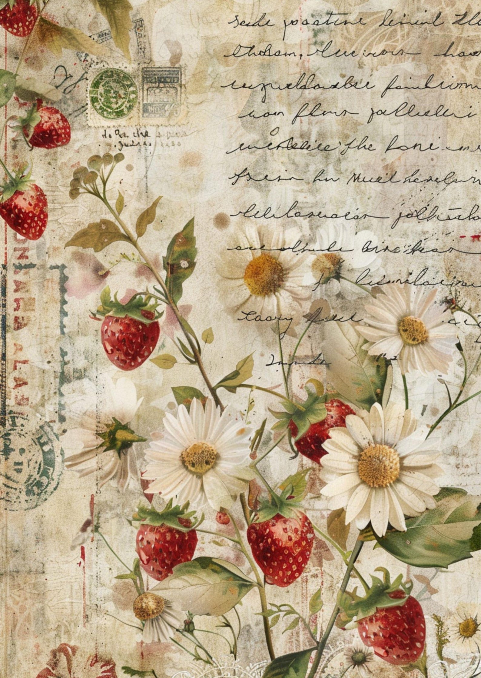 Strawberry Daisy Rice Paper for Decoupage Vintage Script, Botanical ...