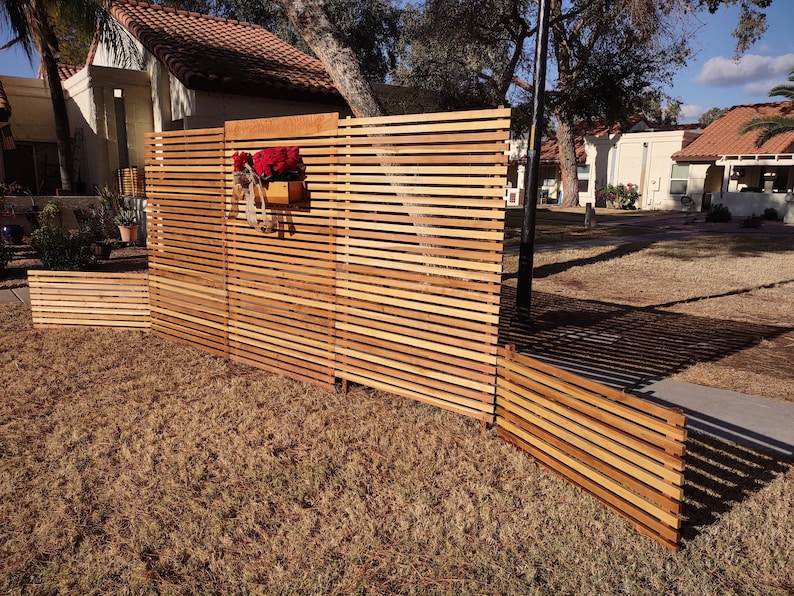 Outdoor Modern Redwood Privacy Panel, Horizontal Slatted Screen ...