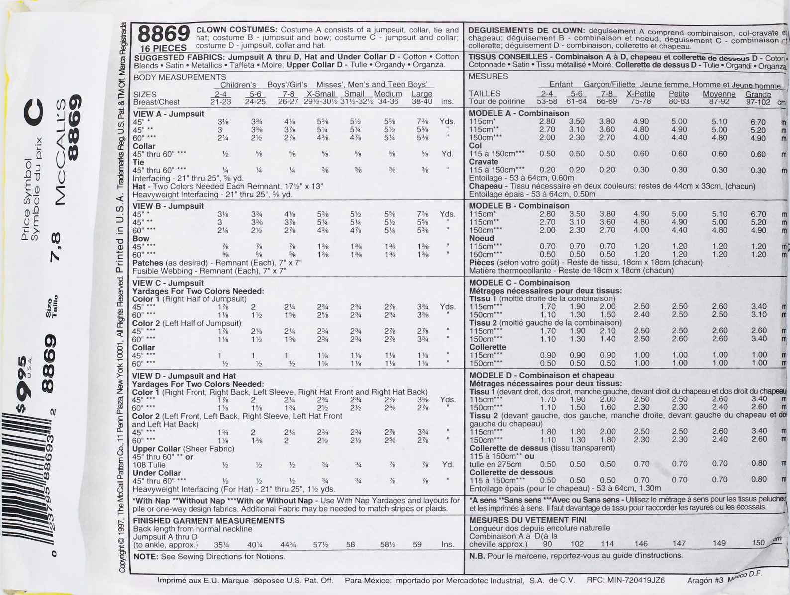 Mccall's Costumes Sewing Patterns 8869 Easy to Sew Boy's/ Girls ...