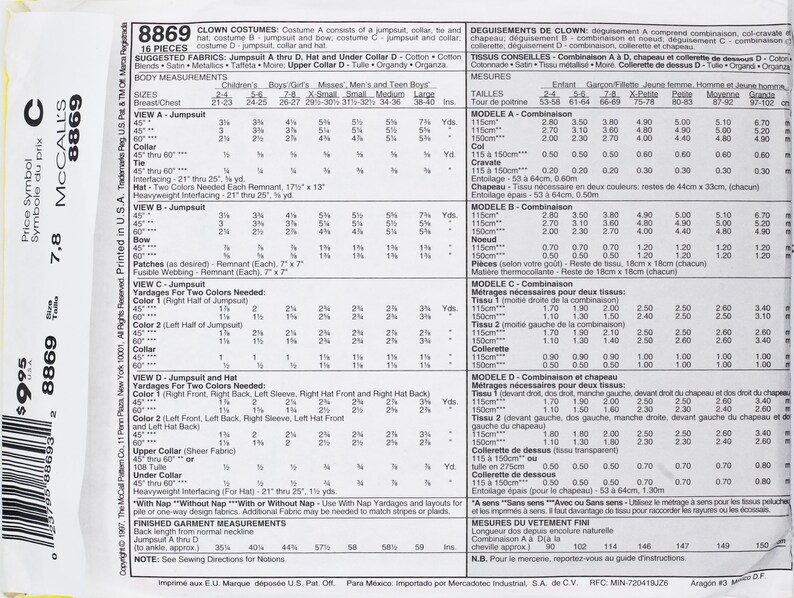 Mccall's Costumes Sewing Patterns 8869 Easy to Sew Boy's/ Girls ...