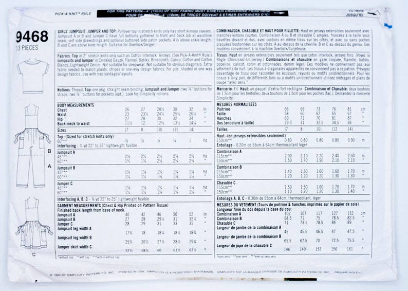 Simplicity Sewing Pattern 9468, Girls' Jumpsuit, Jumper, Top, Vintage ...