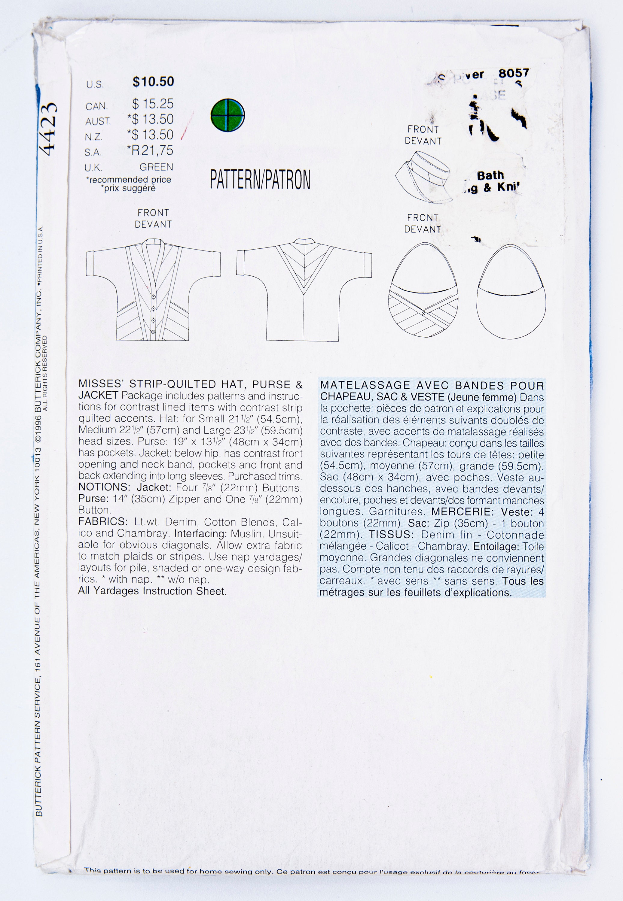 Butterick Sewing Pattern 4423, Misses' Strip-quilted Hat, Purse, Jacket ...