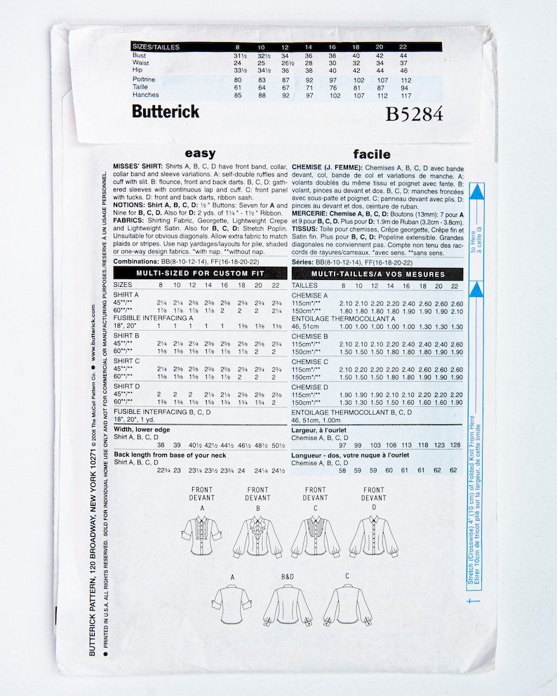 Butterick Sewing Pattern 5284, Misses' Shirt, Size 8-14, UNCUT (factory ...