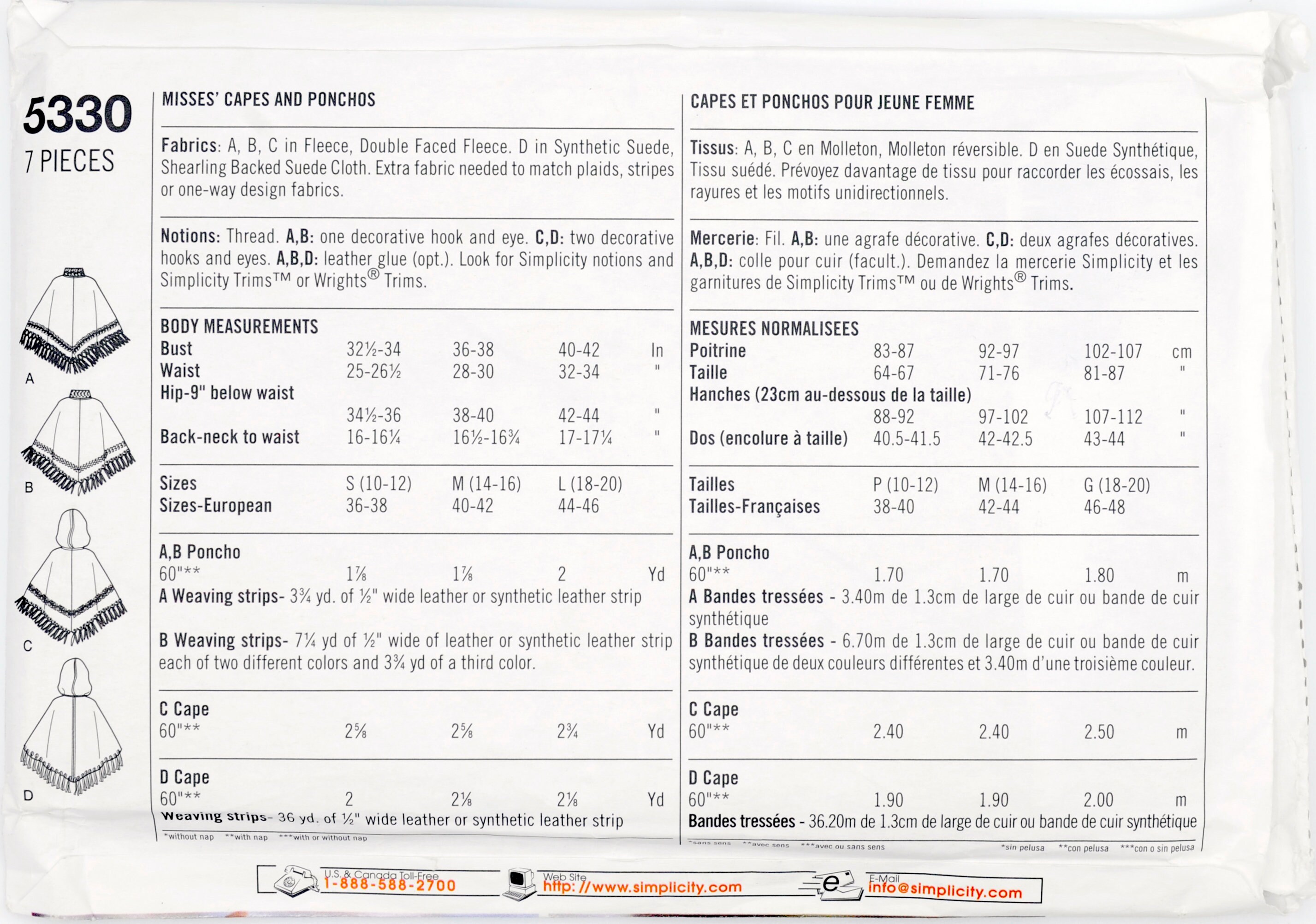 Simplicity Sewing Pattern 5330, Misses' Capes and Ponchos, Size A S-M-L ...
