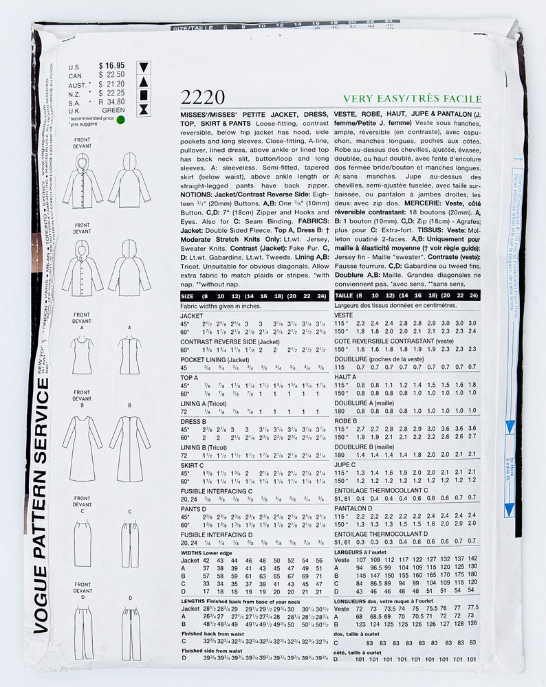 Vogue Sewing Pattern 2220, Vintage Pattern, Misses' Dress, Jacket, Top ...