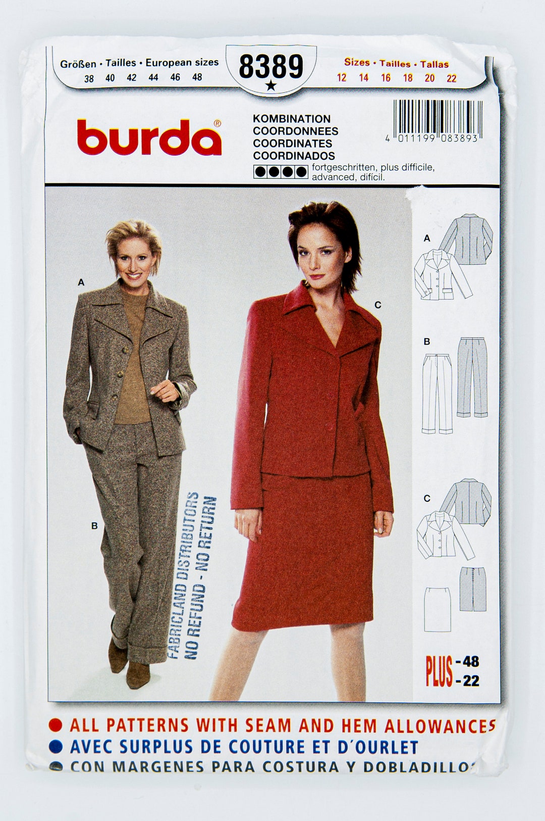 Burda Sewing Pattern 8389, Misses' Jacket, Pants, Skirt, Size 12-22 ...