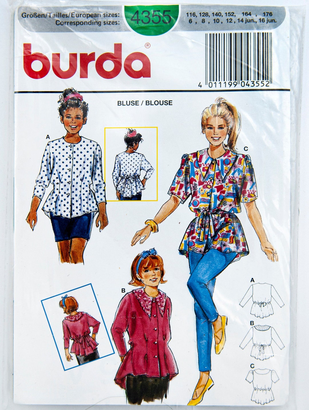 Burda Sewing Pattern 4355, Girls'/teen's Blouse, Vintage Pattern, Size ...