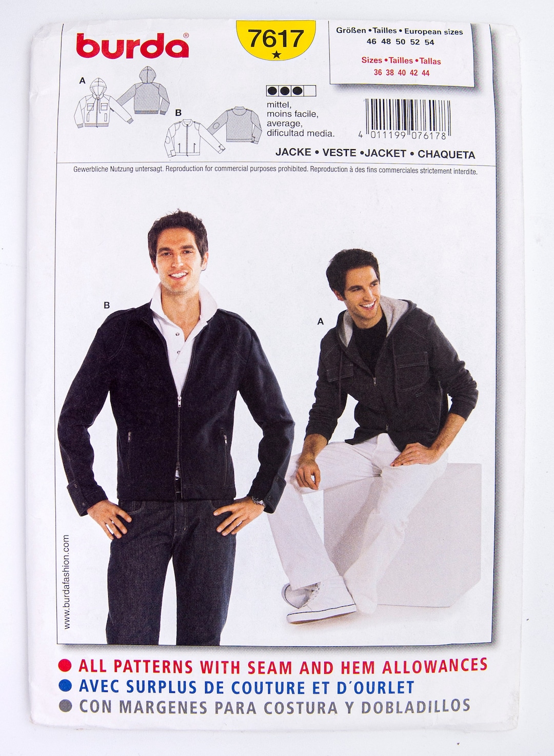 Burda Sewing Pattern 7617, Men's Denim Jacket, Hoodie, Chest: 36.25-42. ...