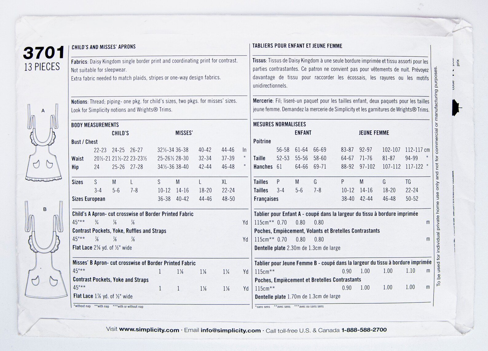 Simplicity Sewing Pattern 3701, Child's and Misses' Aprons, Daisy ...