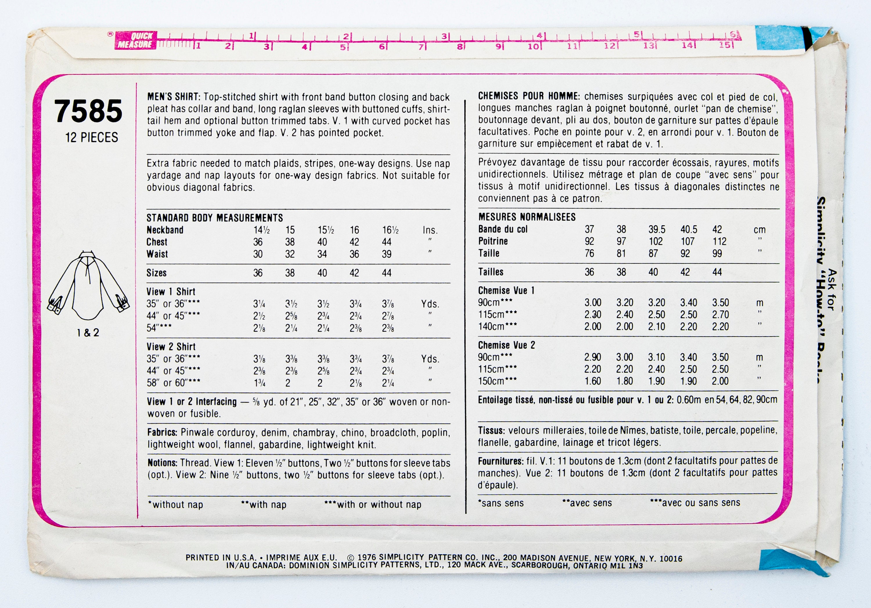 Simplicity Sewing Pattern 7585, Vintage Pattern, Men's Shirt, Size 40 ...