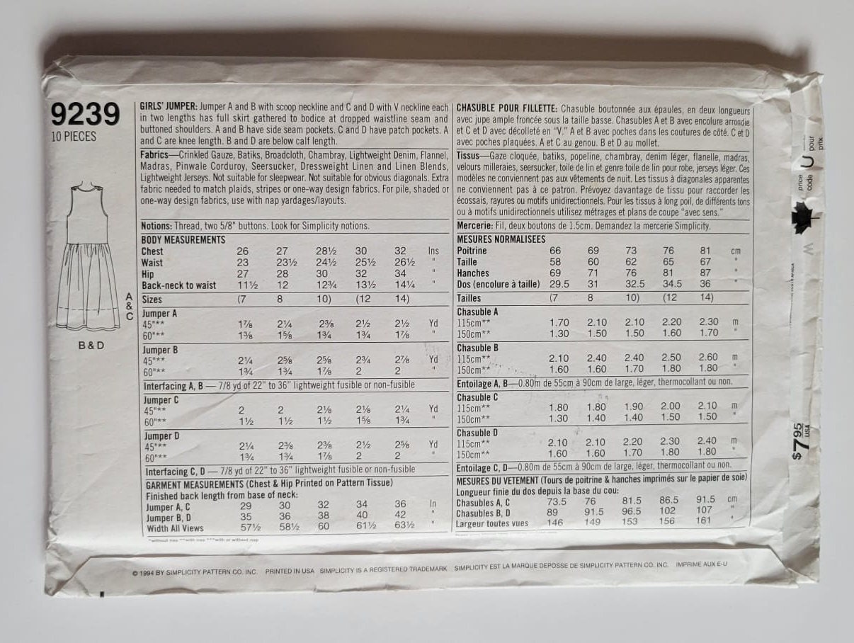 Simplicity Sewing Pattern 9239, Vintage Pattern, Girls' Jumper, Easy to ...