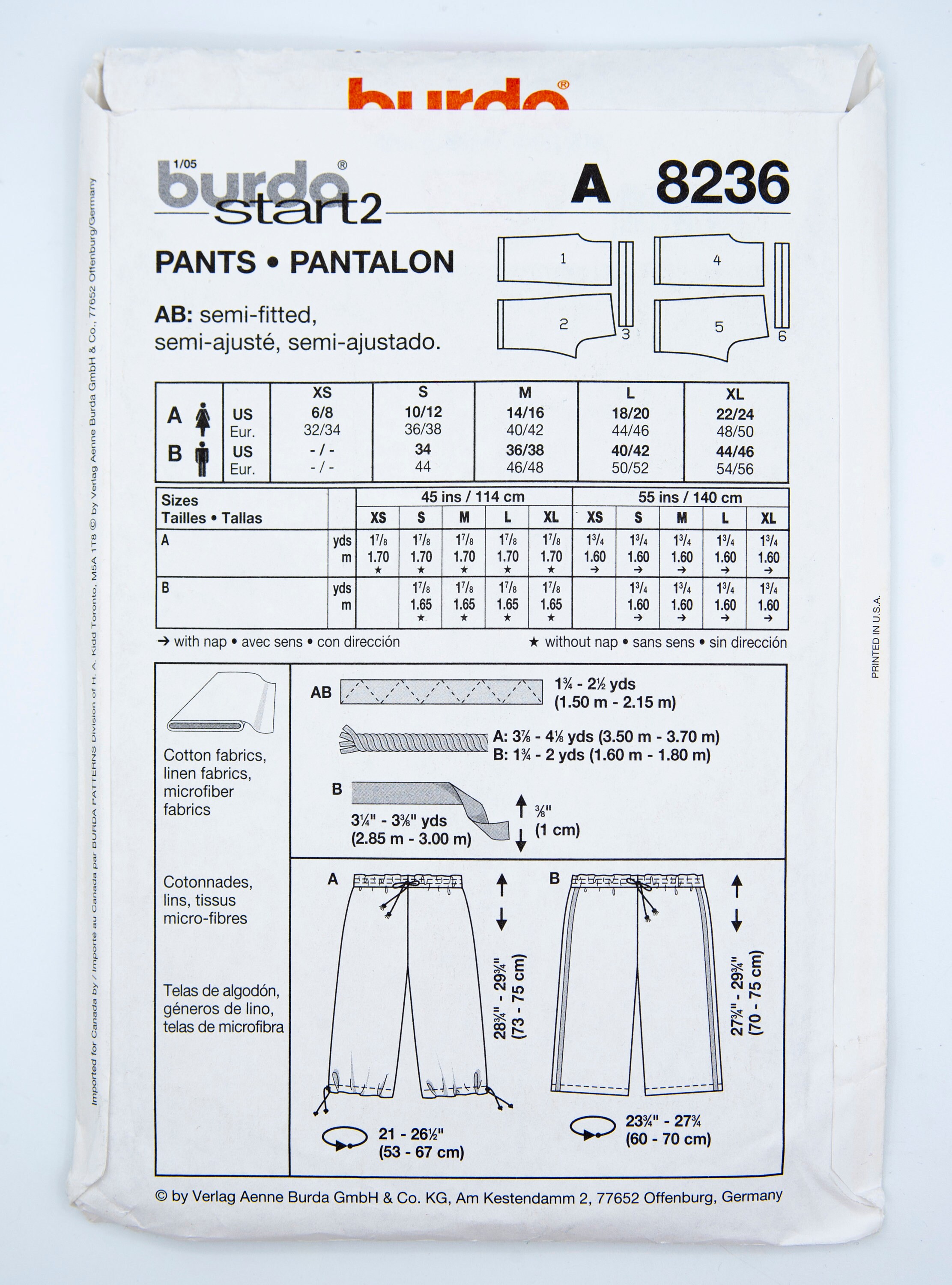 Burda Sewing Pattern 8236, Burda Young, Misses' /men's Pantaloon ...