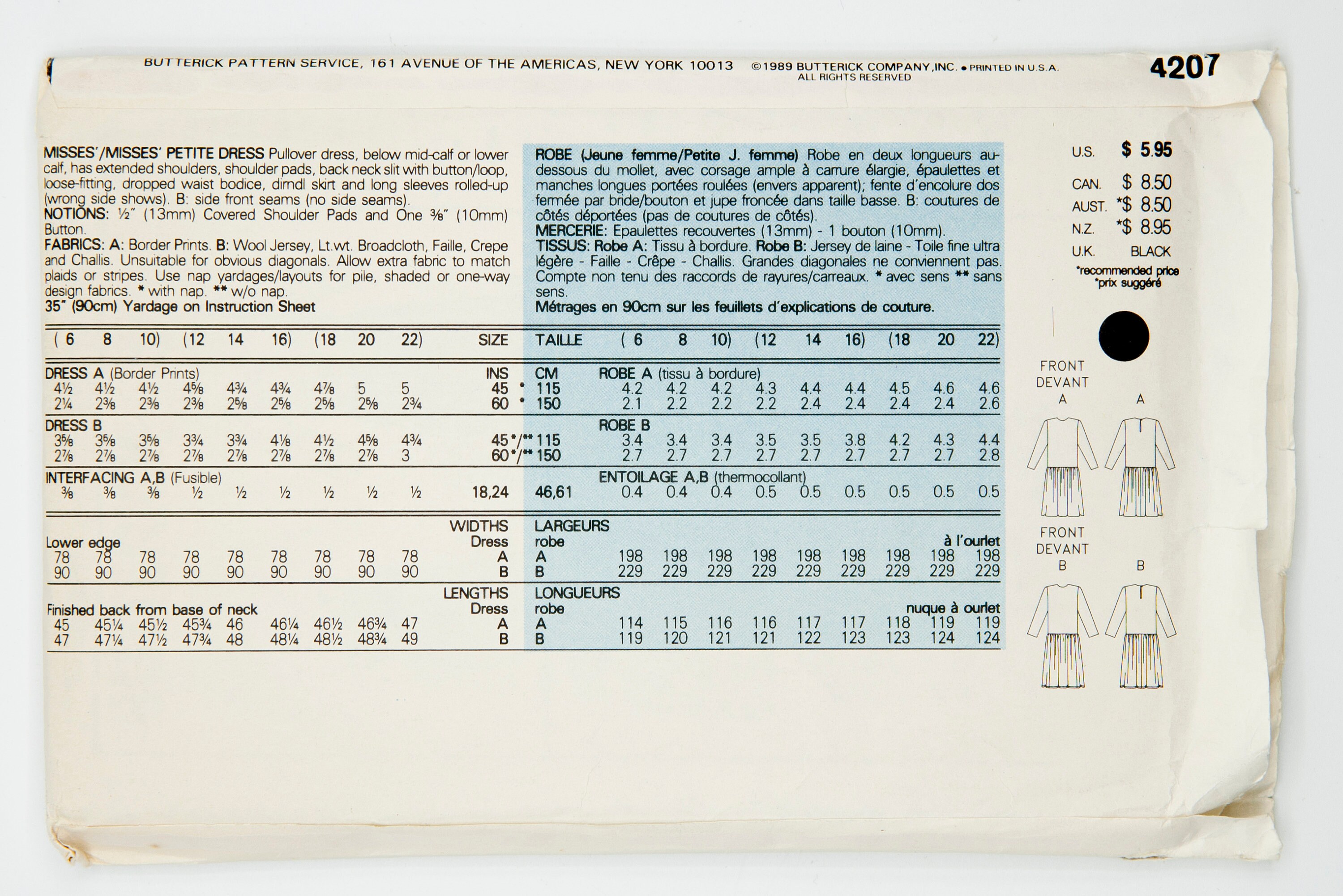 Butterick Sewing Pattern 4207 Misses' Dress Vintage - Etsy