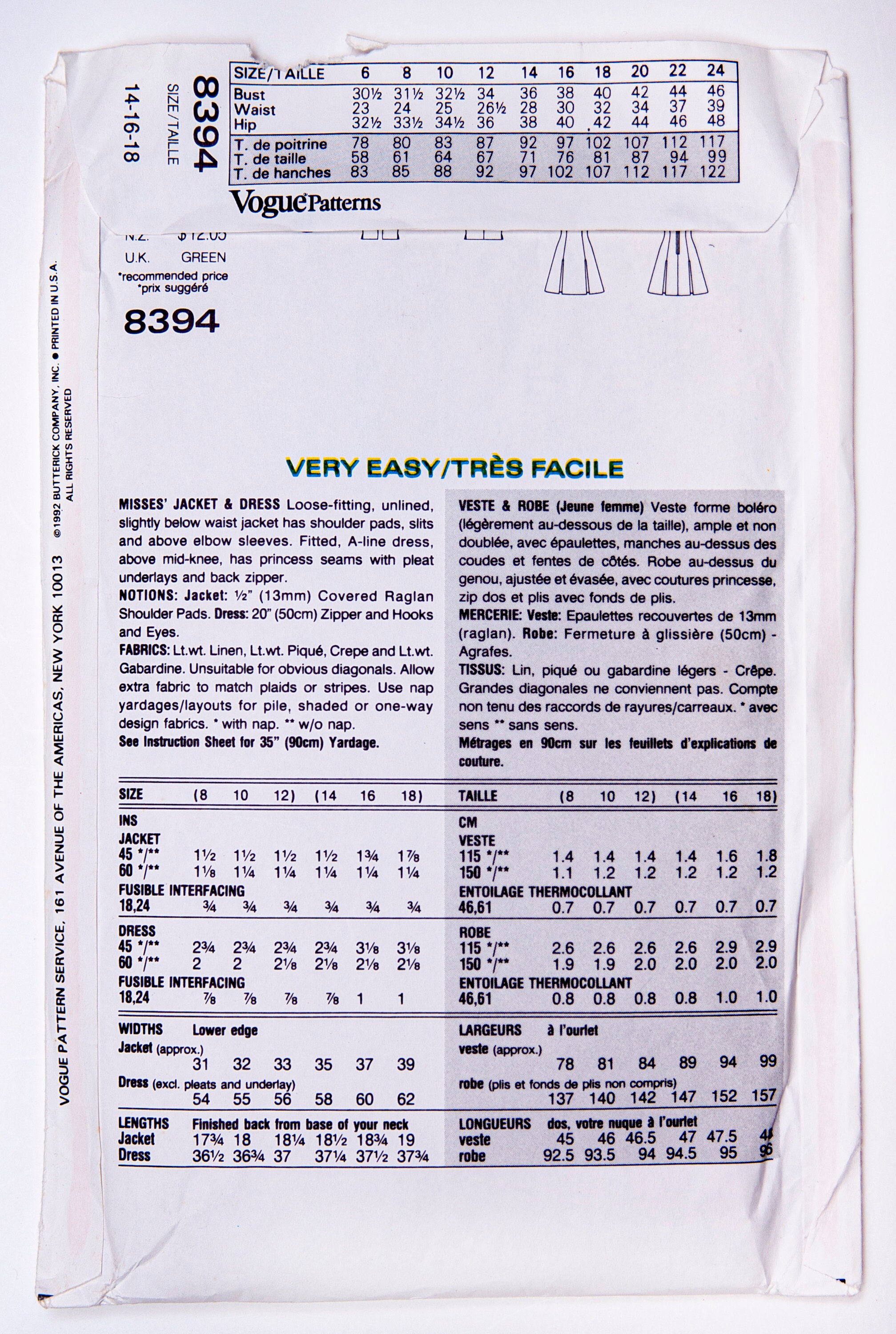 Vogue Sewing Pattern 8394, Vintage Pattern, Misses' Jacket and Dress ...