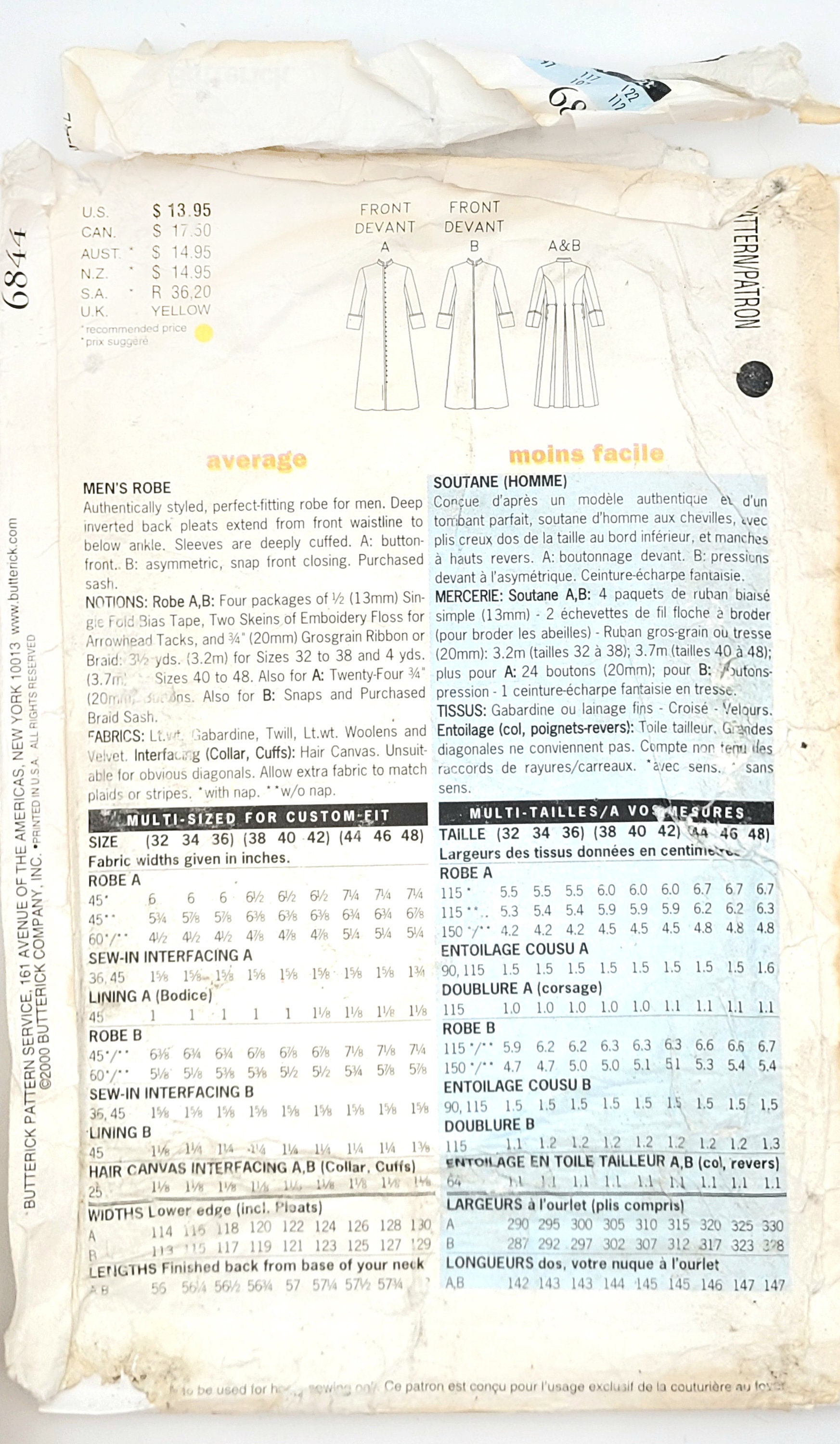 Butterick Costume Sewing Pattern 6844, Adult Halloween Costume, Priest ...