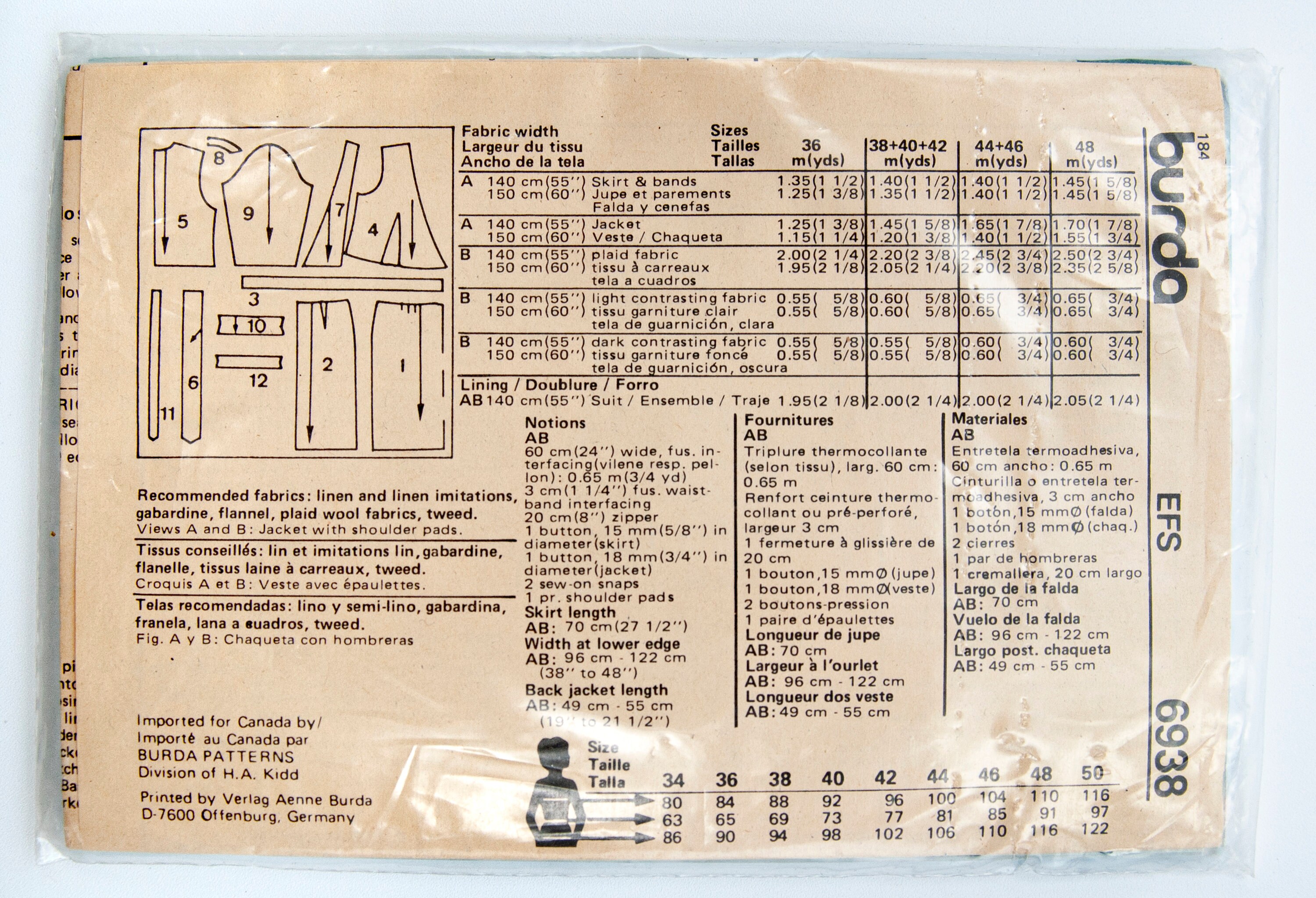 Burda Sewing Pattern 6938, Misses' Jacket, Skirt, Vintage Pattern, Size ...