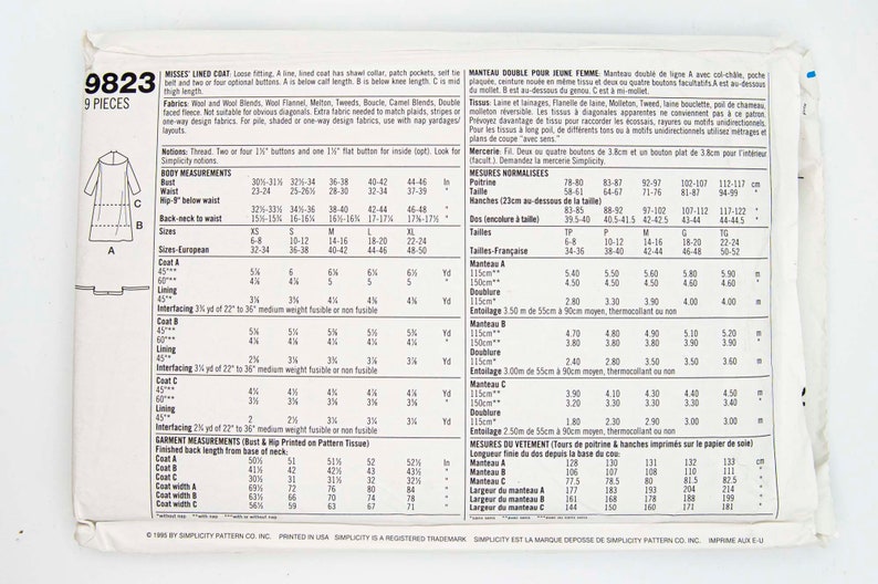 Simplicity Sewing Pattern 9823, Vintage Pattern, Misses' Coat, Size XS ...