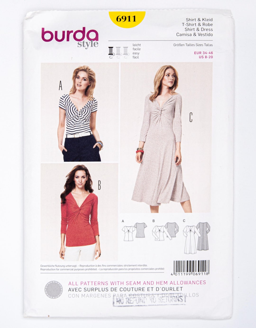 Burda Style Sewing Pattern 6911, Misses' Dress, Shirt, T-shirt, Size 8 ...