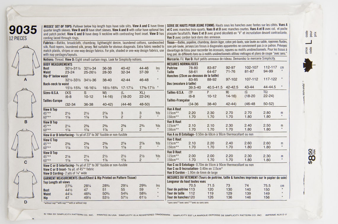 Simplicity Sewing Pattern 9035, Misses' Top, Size XS,S,M, UNCUT ...