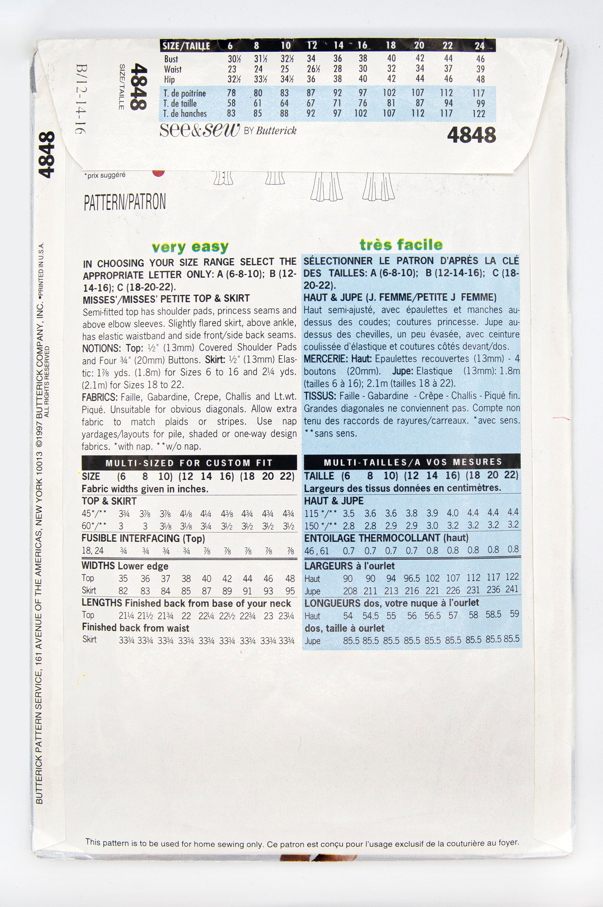 Butterick Sewing Pattern 4848 Misses' Top and Skirt Easy - Etsy