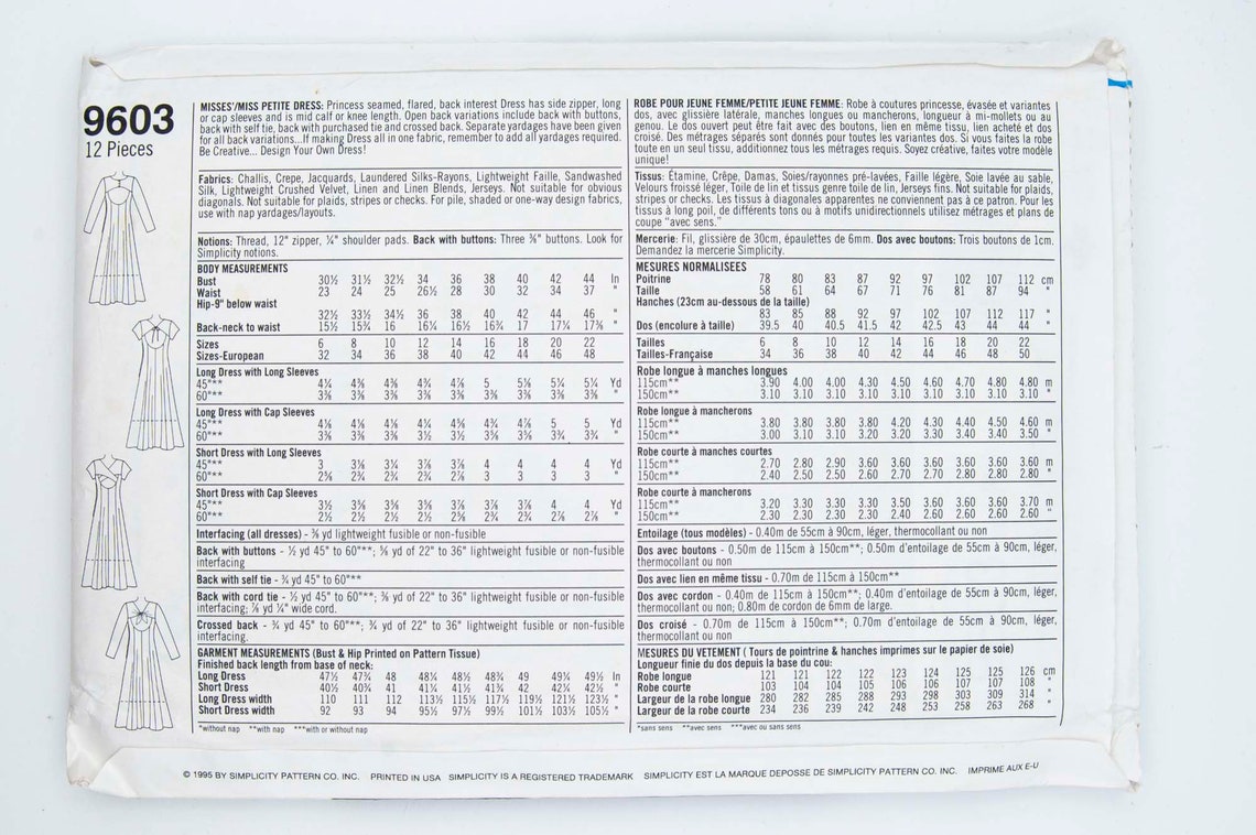 Simplicity Sewing Pattern 9603, Vintage Pattern, Misses' Dress, Size P ...