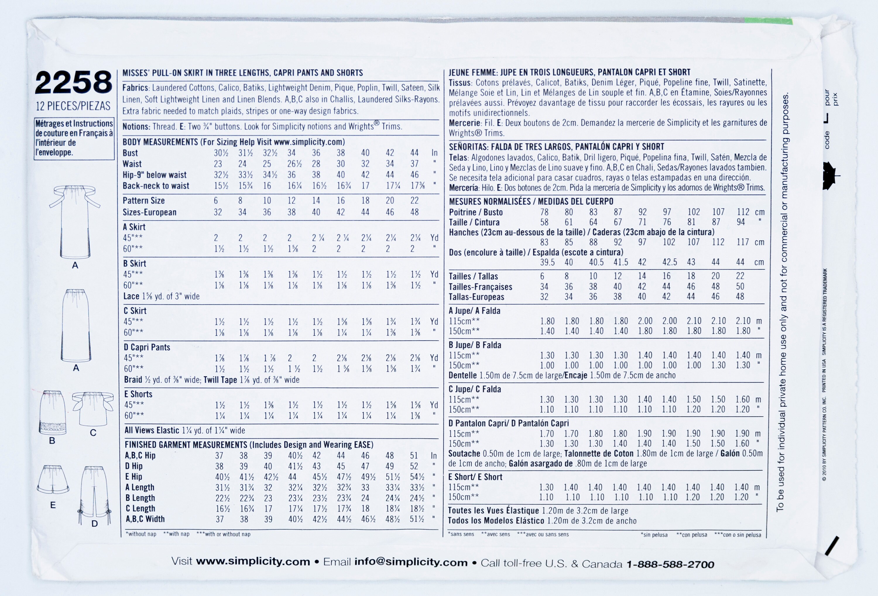 Simplicity Sewing Pattern 2258 Misses' Skirt Capri - Etsy