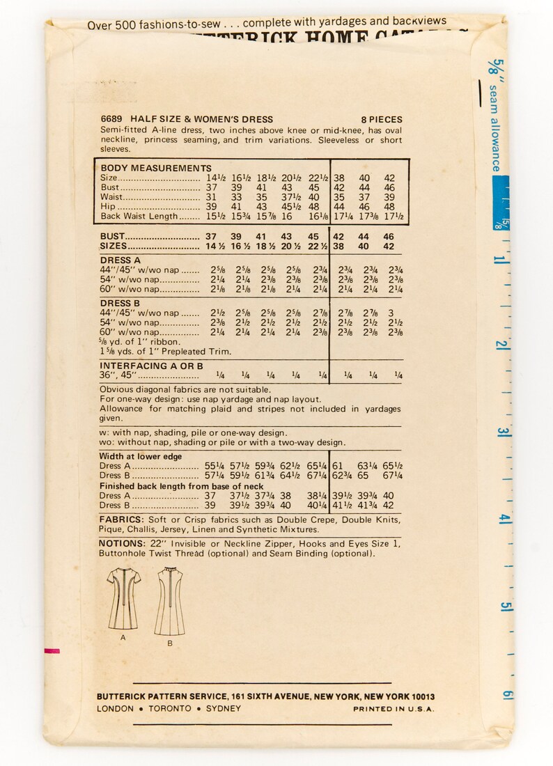 Butterick Sewing Pattern 6689, Vintage Pattern, Misses' Dress, Size 38 ...