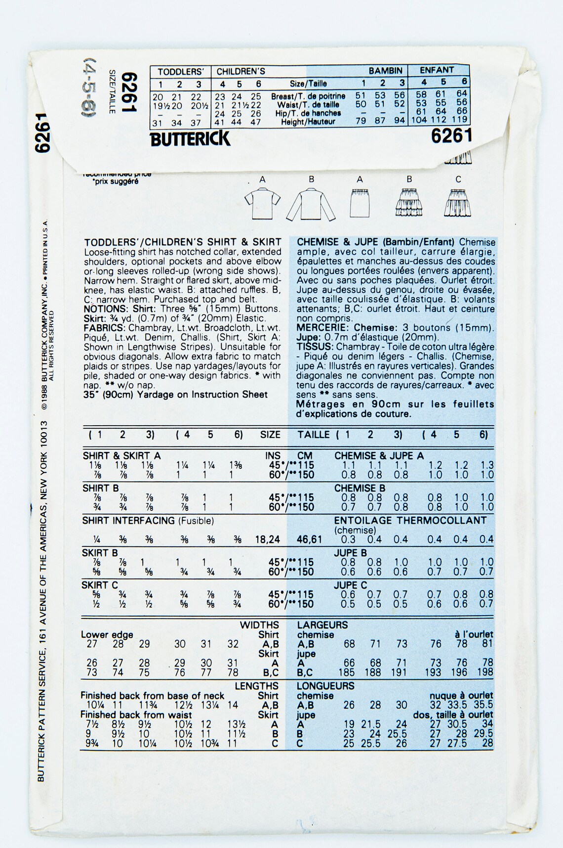 Butterick Sewing Pattern 6261, Toddlers'/childrens' Skirt, Shirt ...