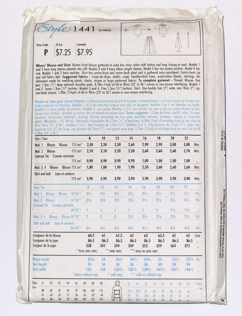 Style Sewing Pattern 1441, Vintage Pattern, Misses' Blouse, Skirt, Size ...
