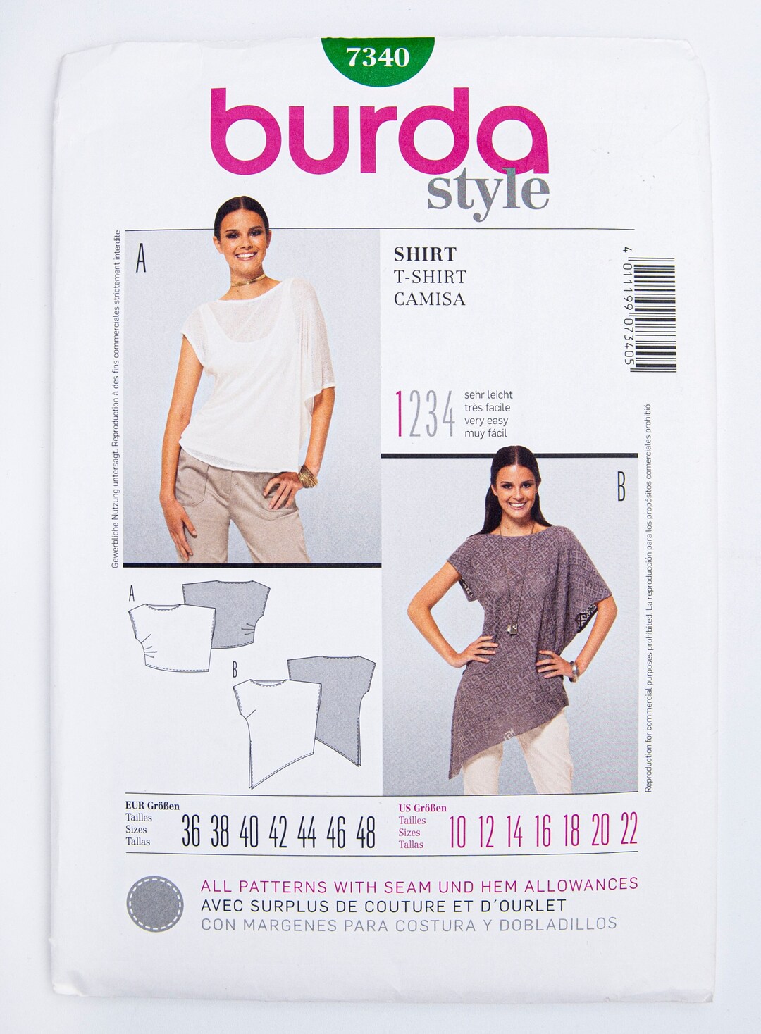 Burda Sewing Pattern 7340, Misses' Top, T-shirt, Burda Style, Size 10 ...