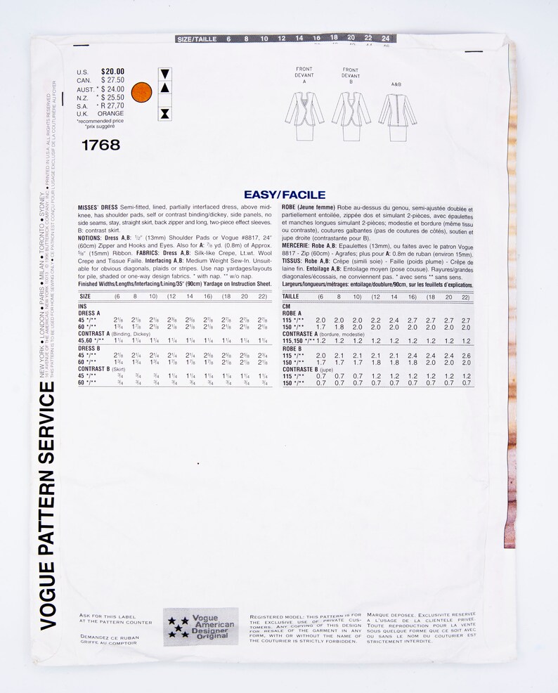 Vogue Sewing Pattern 1768, Misses' Dress, Vintage Pattern, American ...