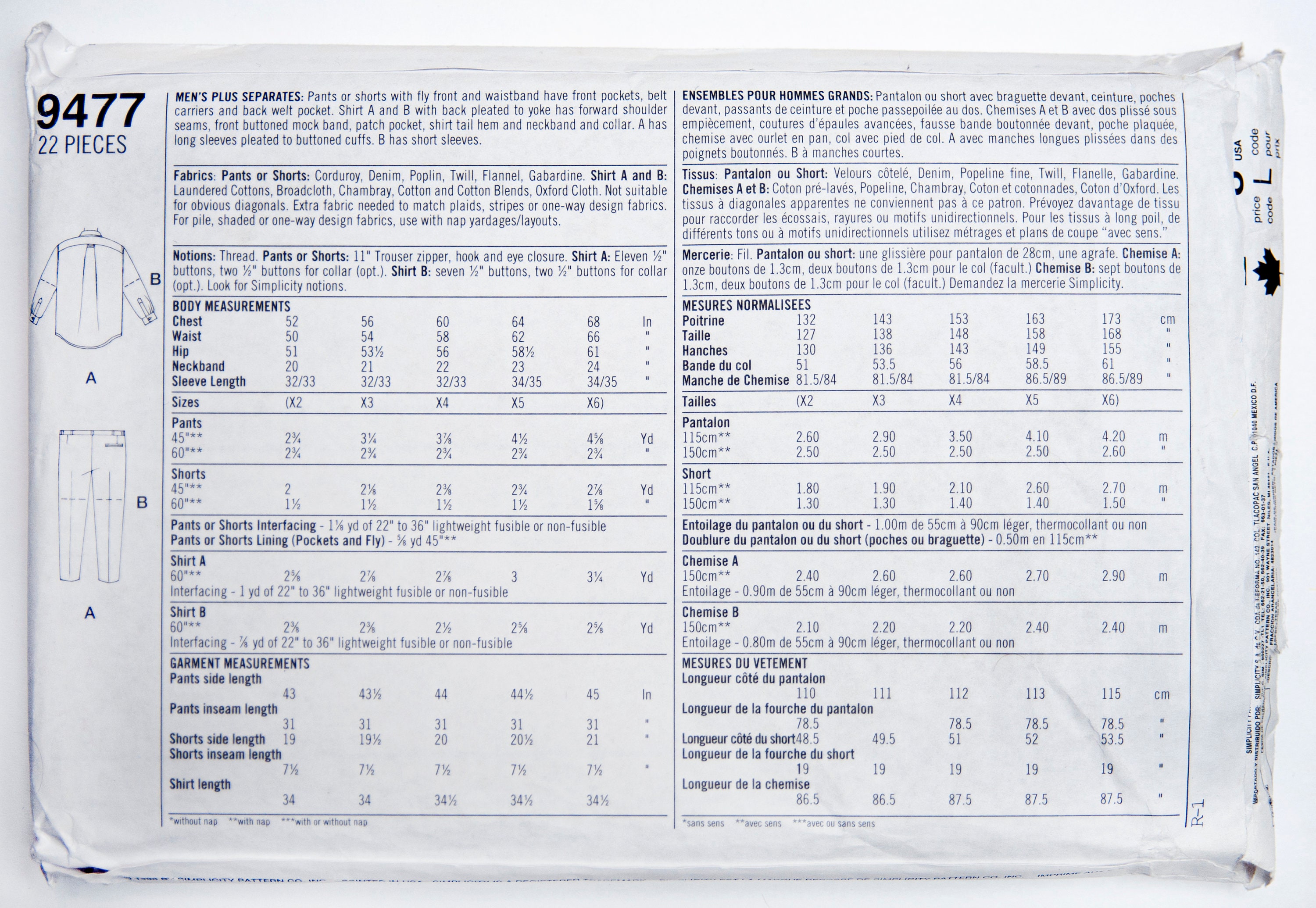 Simplicity Sewing Pattern 9477, Men's Plus Pants, Shorts, Shirt ...