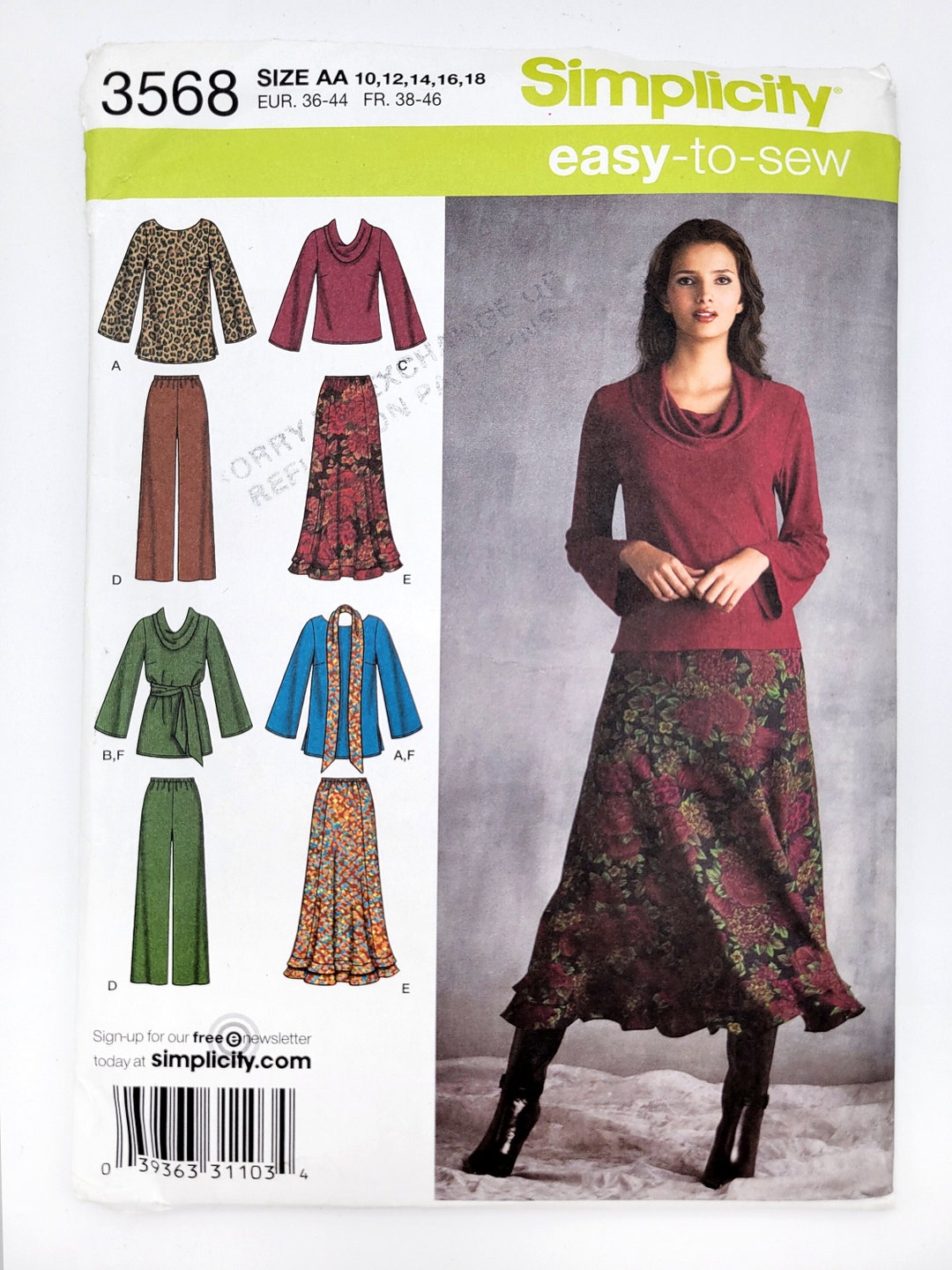 Simplicity Sewing Pattern 3568, Misses' Skirt, Tops, Pants, Sash, Scarf ...