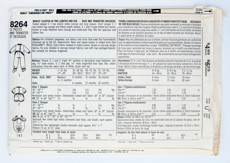 Simplicity Sewing Pattern 8264, Vintage Pattern, Babies' Sleeper, Bib ...