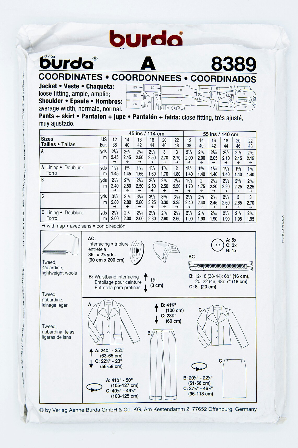 Burda Sewing Pattern 8389 Misses' Jacket Pants Skirt - Etsy