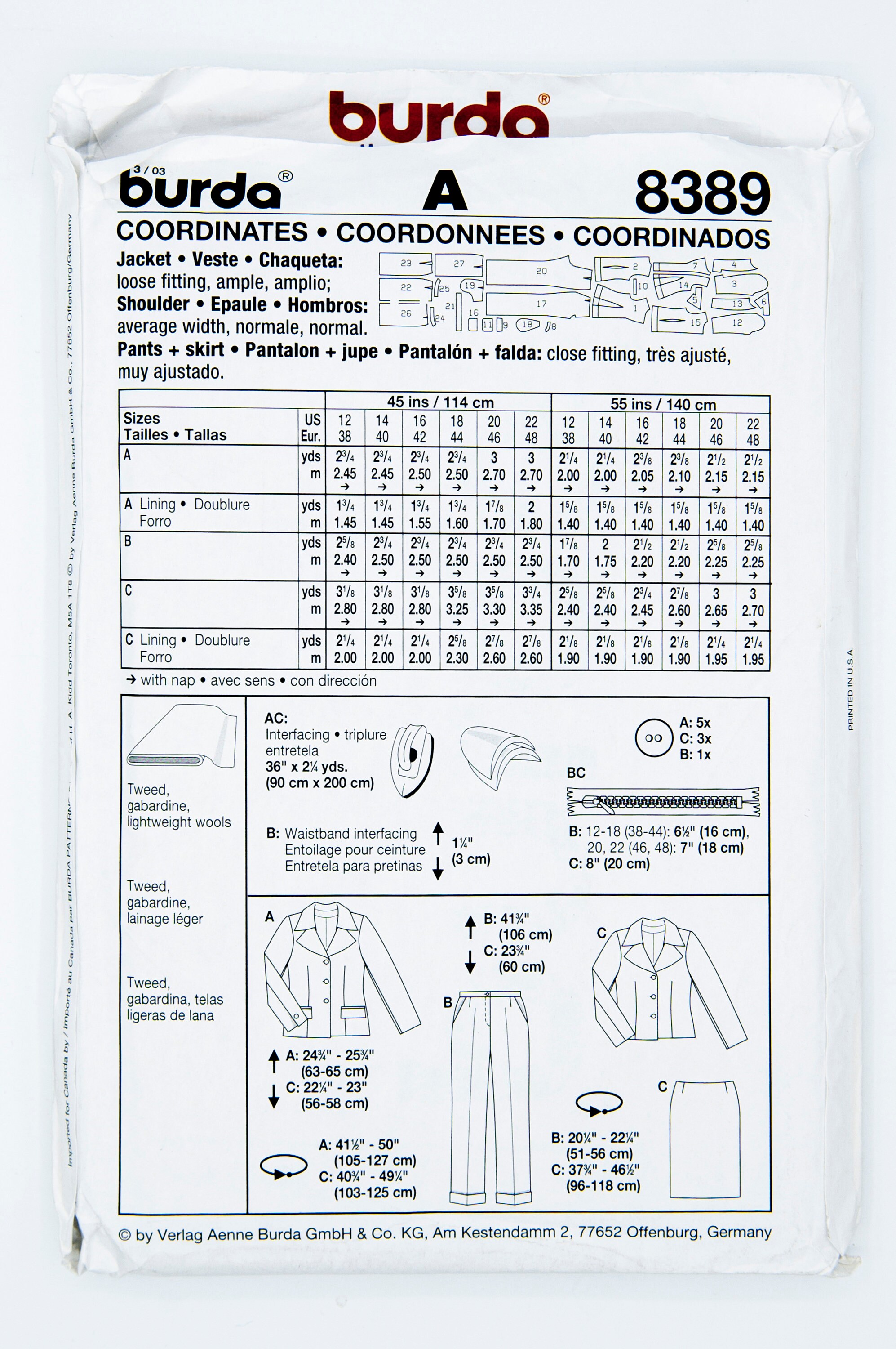 Burda Sewing Pattern 8389 Misses' Jacket Pants Skirt - Etsy