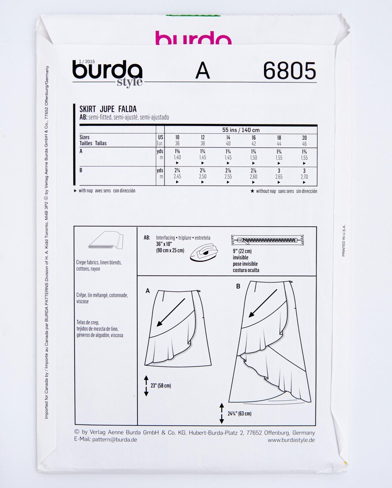 Burda Style Sewing Pattern 6805, Misses' Skirt, Size 10-20, UNCUT ...