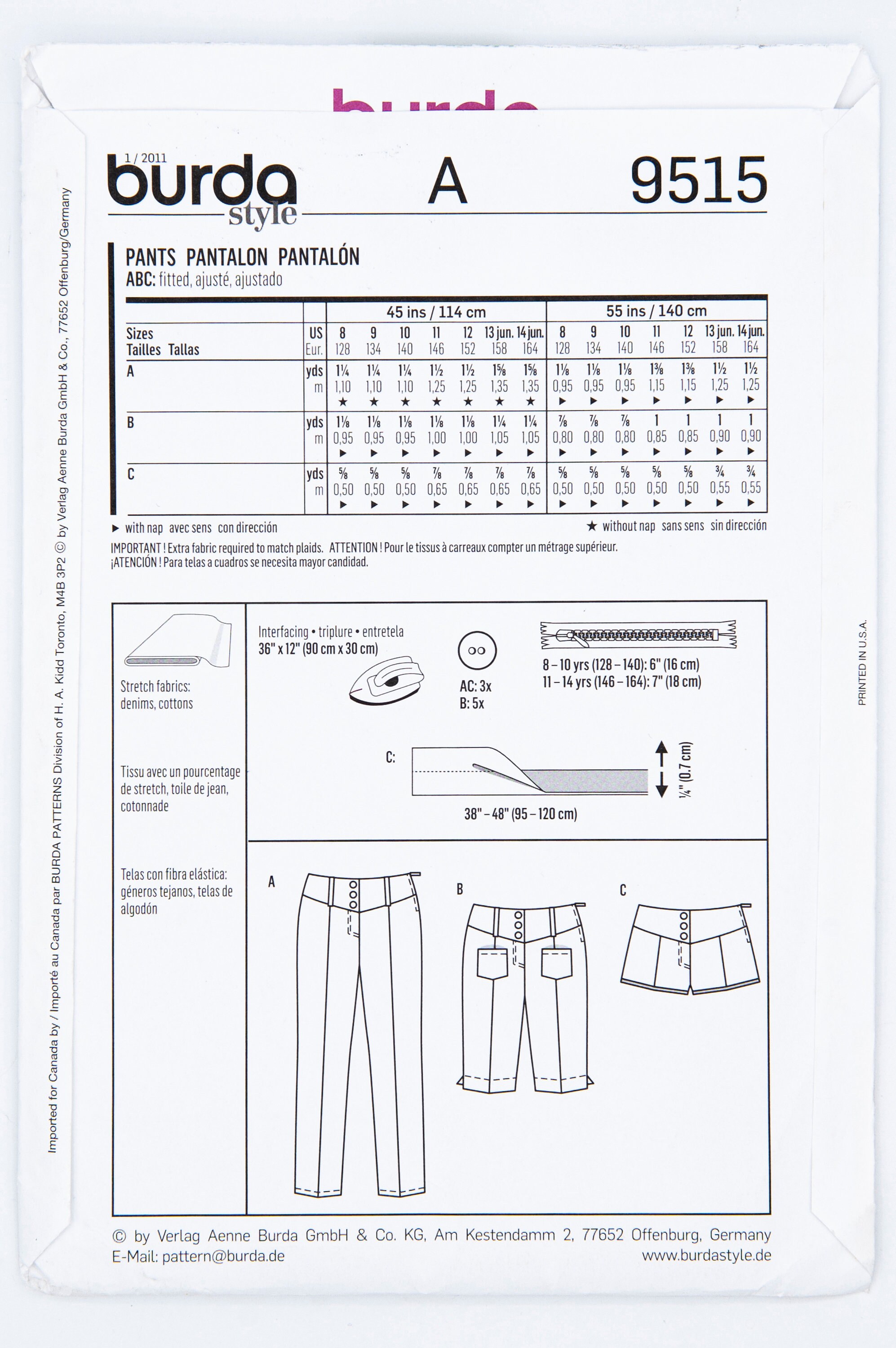 Burda Sewing Pattern 9515, Girls' / Teens' Pants, Shorts, Size 8-14 ...