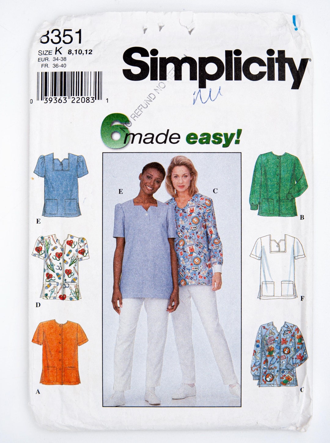 Simplicity Sewing Pattern 8351, Vintage Pattern, Misses' Top, Size 8-10-12, UNCUT (factory ...