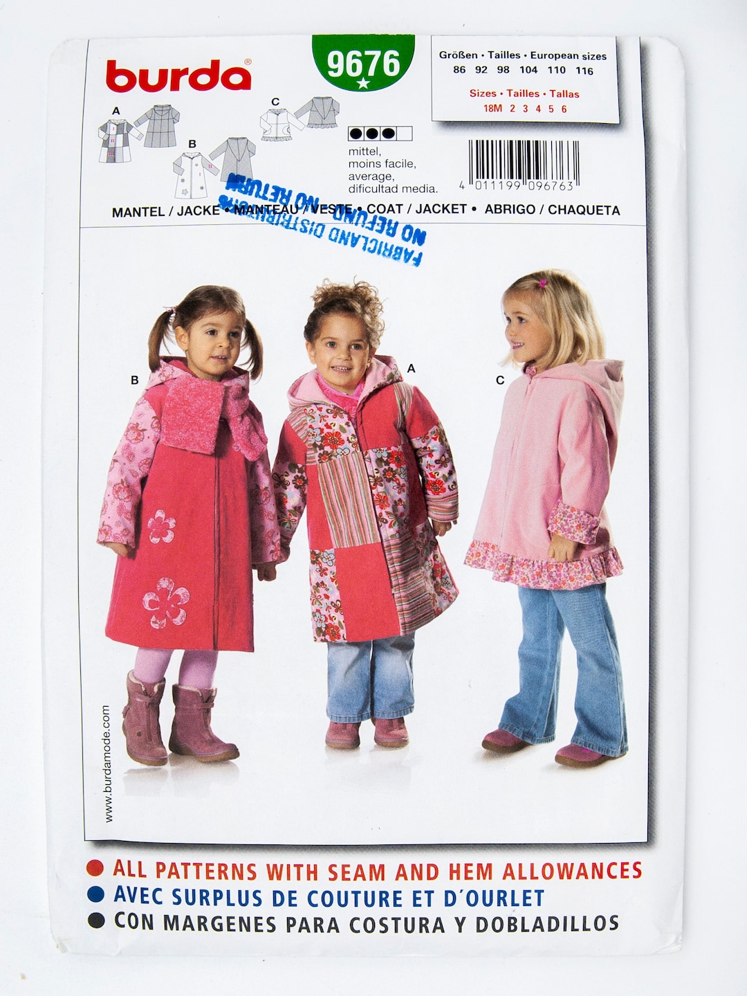 Burda Sewing Pattern 9676, Toddlers'/ Child's Coat, Jacket, Size 86-116 ...