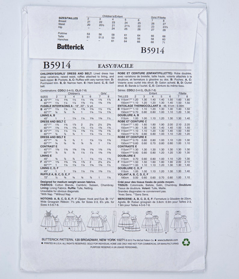 Butterick Sewing Pattern 5914, Girl's Dress, Size 2-3-4-5, UNCUT factory Folded, Year 2013 - Etsy