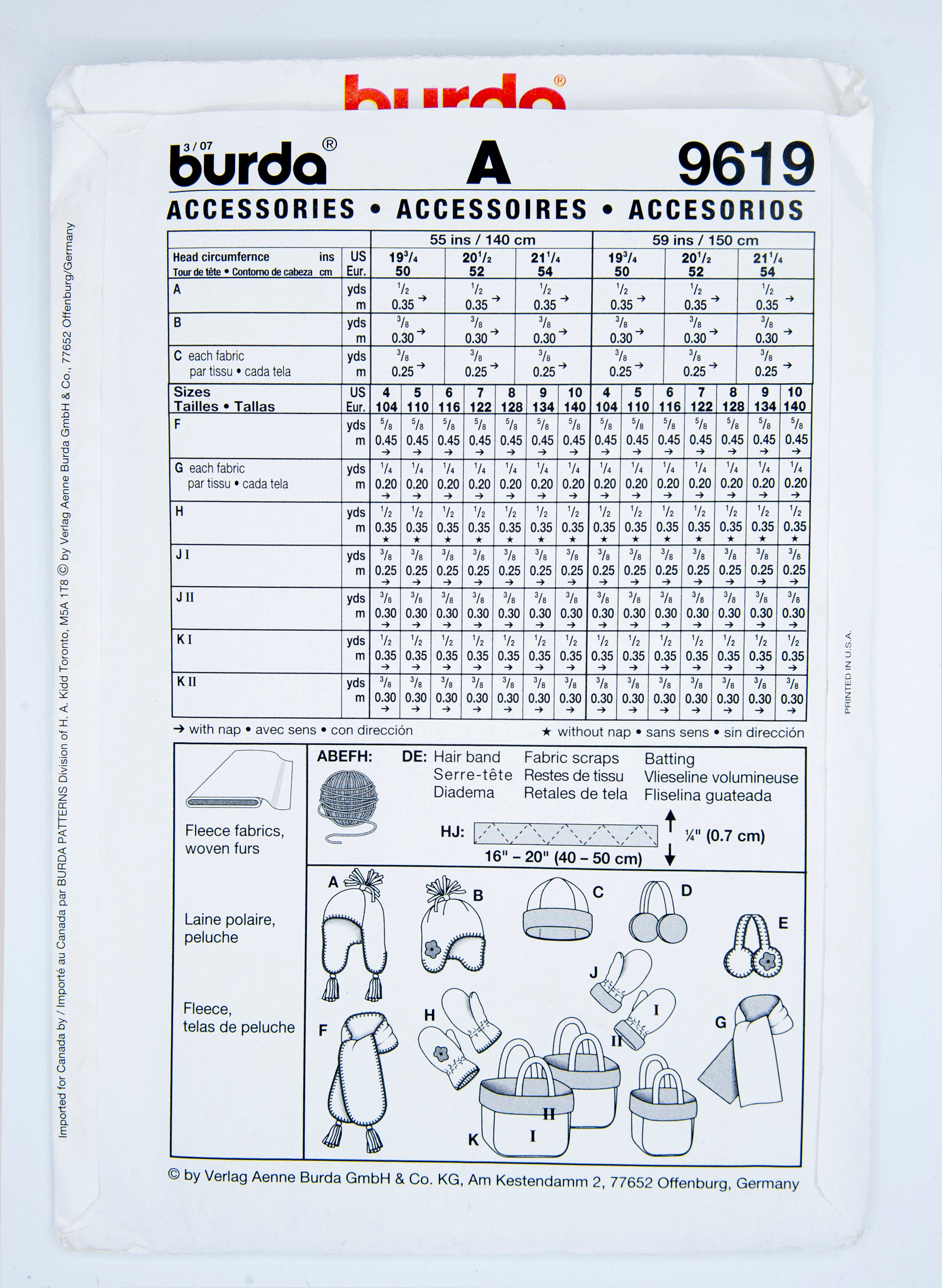 Burda Sewing Pattern 9619, Winter Accessories, Kids Hats, Mittens, Bag ...
