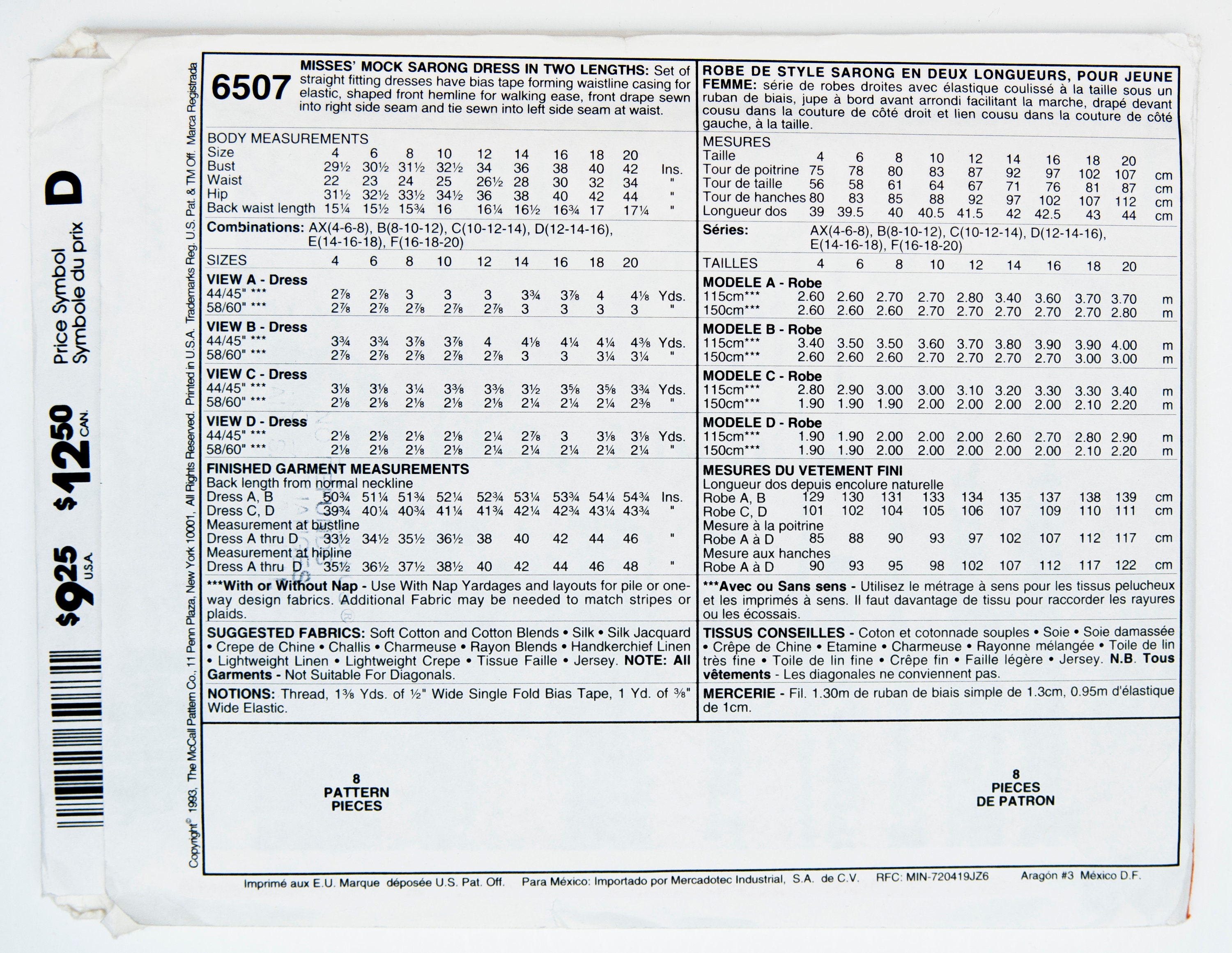 Mccall's Sewing Pattern 6507 Misses' Mock Sarong - Etsy