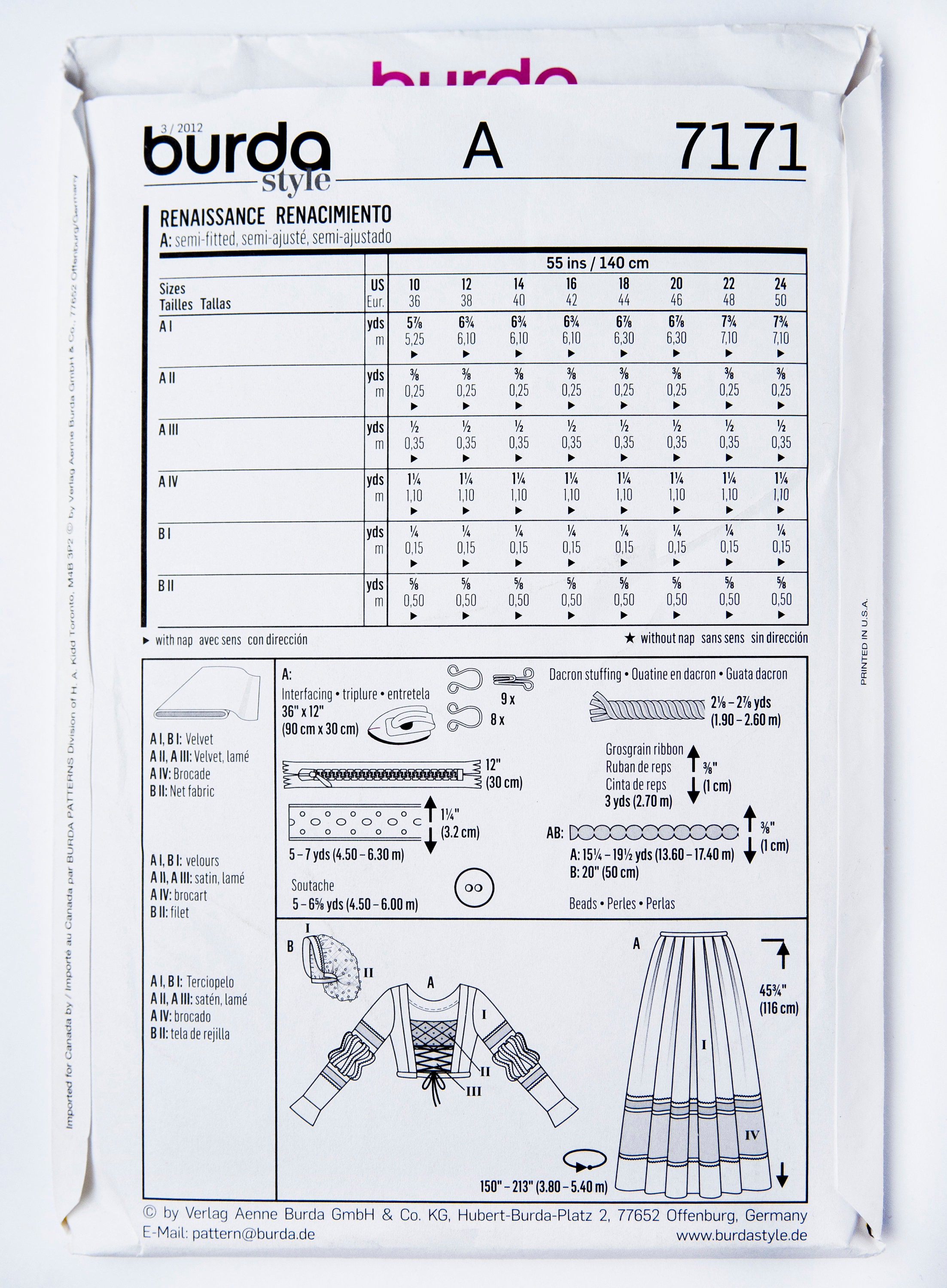 Burda Sewing Pattern 7171, Misses' Historical Renaissance Costume Skirt ...