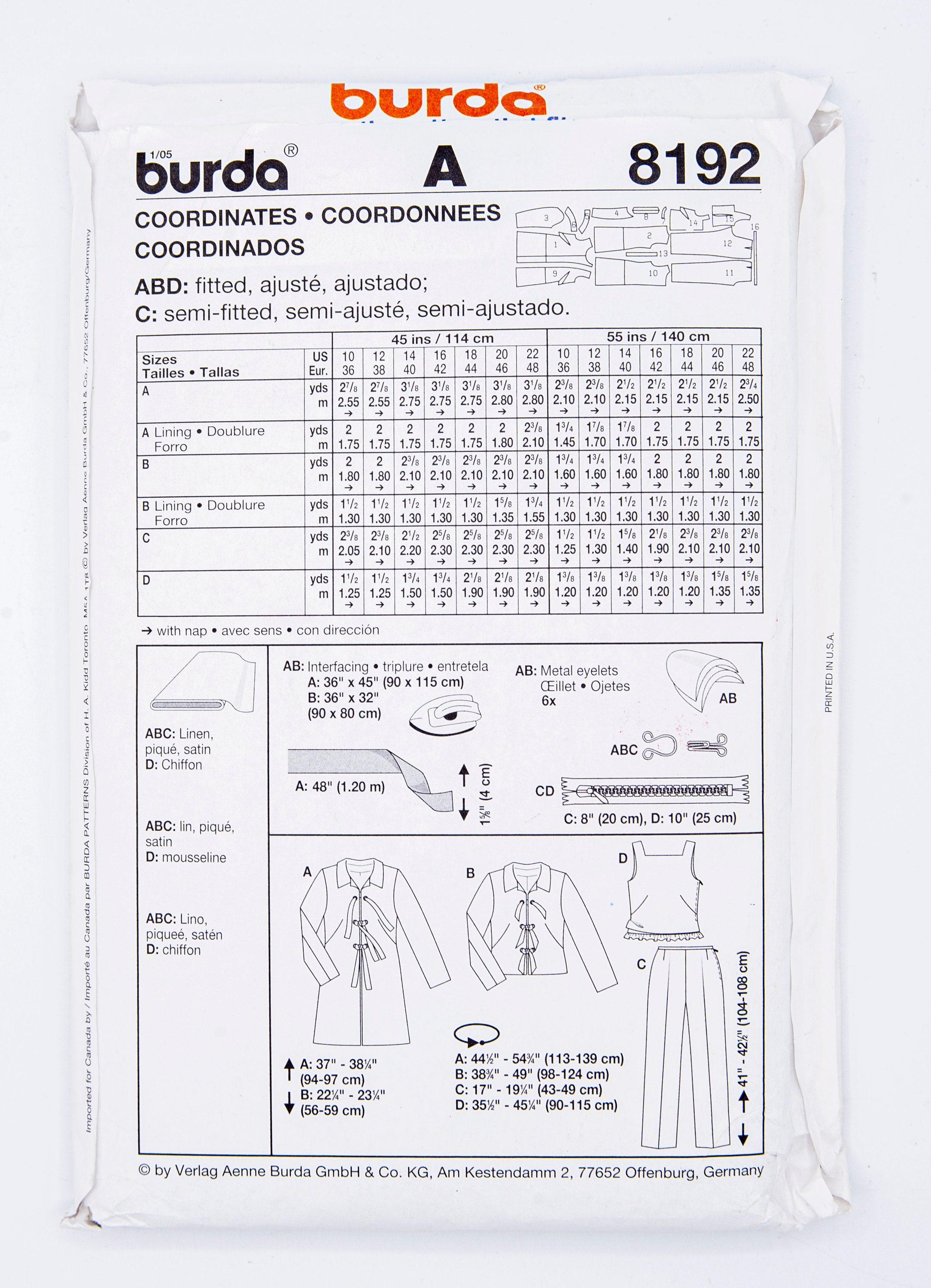 Burda Sewing Pattern 8192, Misses' Pants, Top, Jacket, Size 10-22 ...