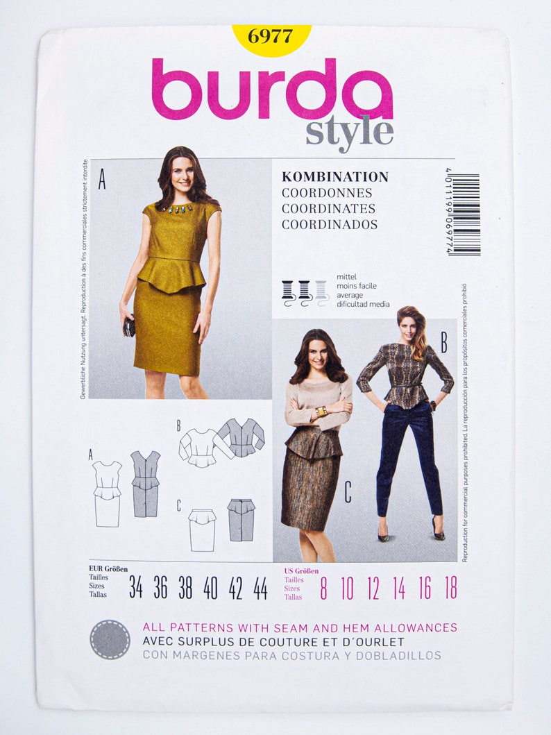 Burda Sewing Pattern 6977, Misses' Dress, Top, Skirt, Burda Style, Size ...