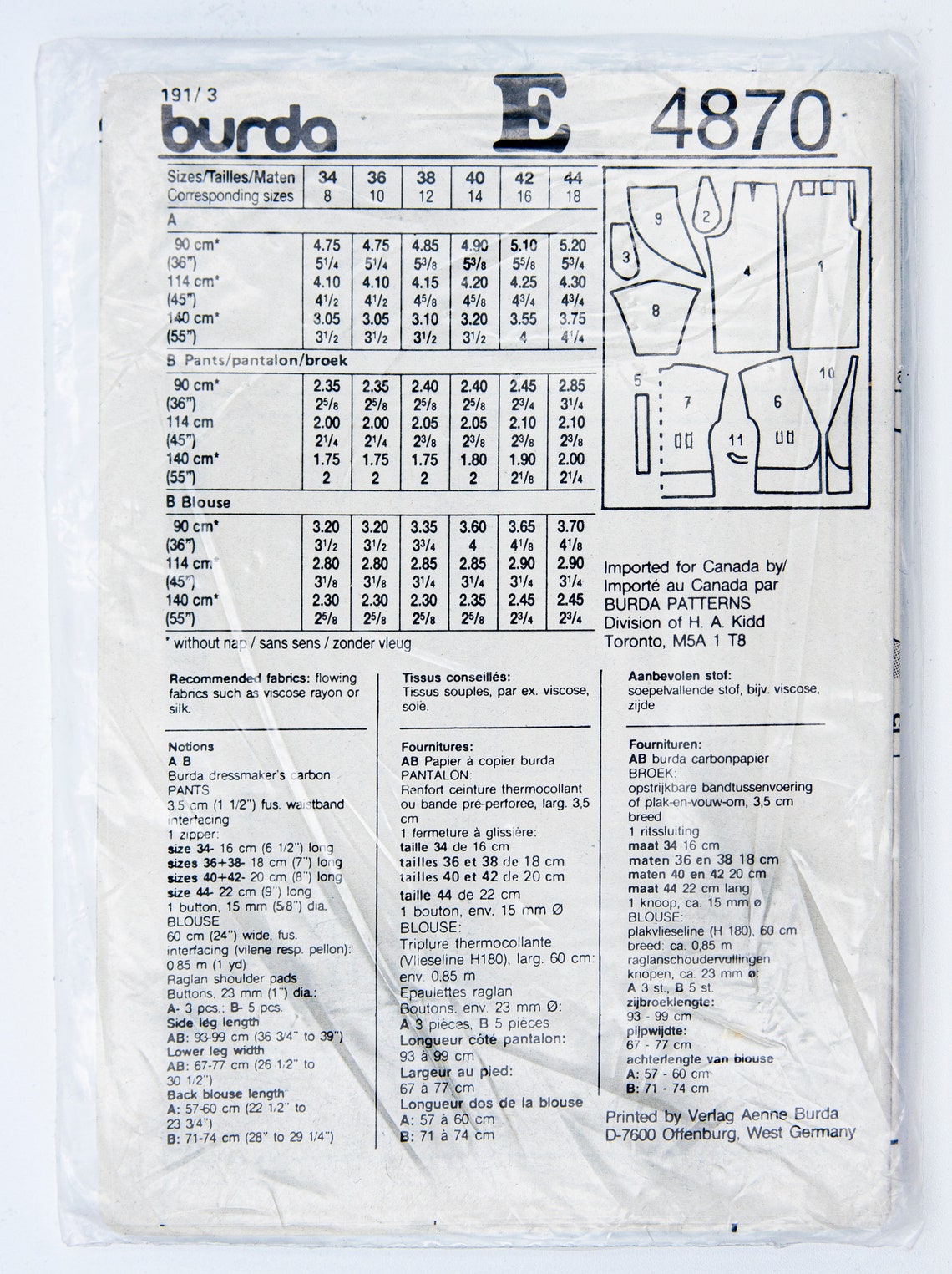 Burda Sewing Pattern 4870, Misses' Jacket, Top, Pants, Vintage Pattern ...